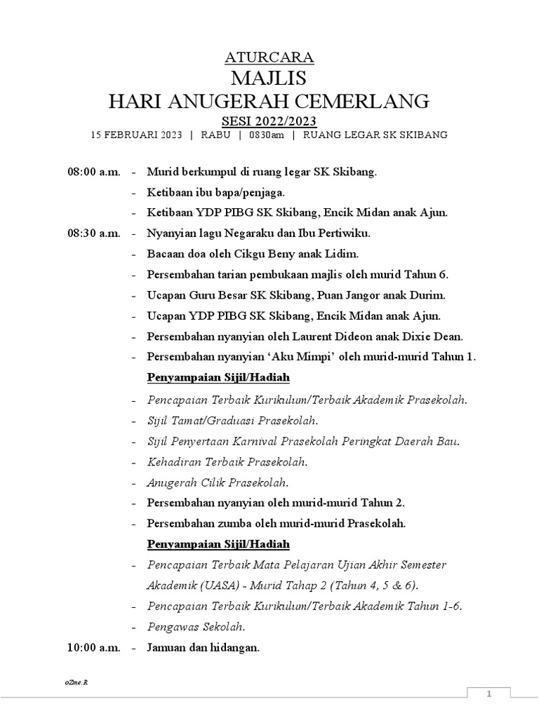 Aturcara Majlis Hari Anugerah Cemerlang 2022-2023 | PDF