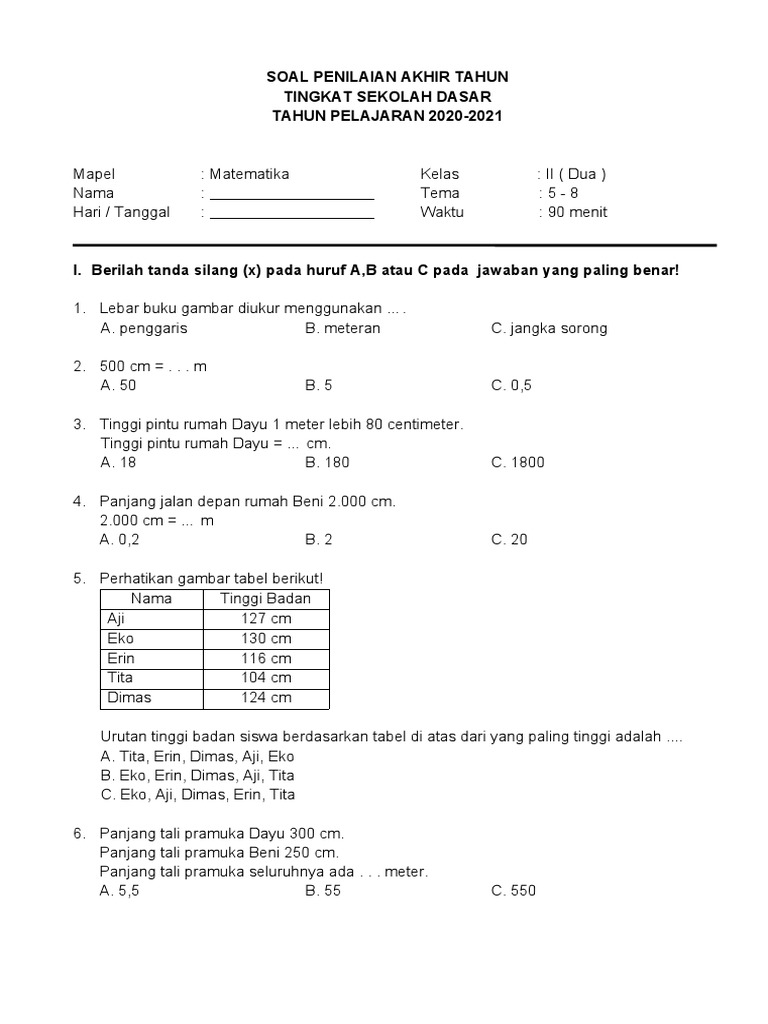 Soal Pat MTK Tema 5 - 8 TH 2021 | PDF