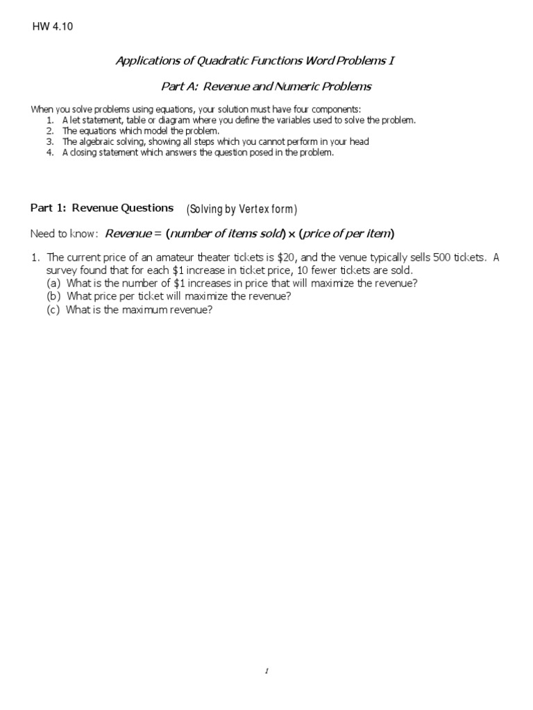 HW 4.10 Applications of Quadratic Functions | PDF