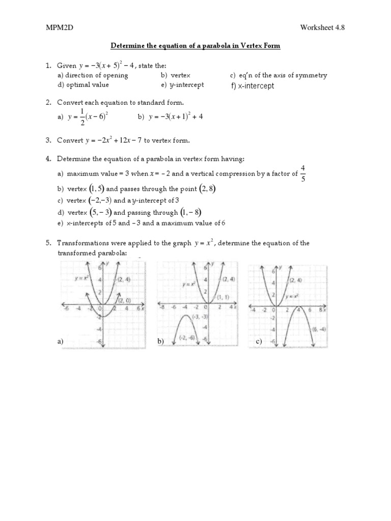 Parabola Vertex Form Worksheet Guide | PDF