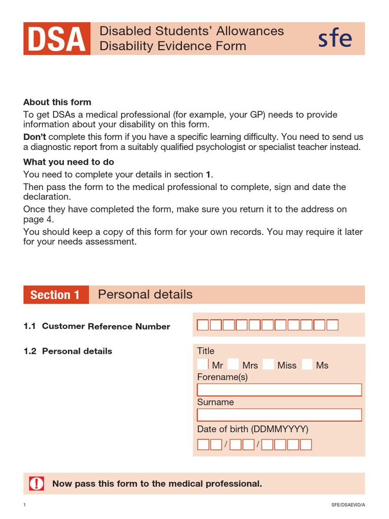 SFE DSA Disability Evidence Form | PDF | Learning Disability | Health Professional