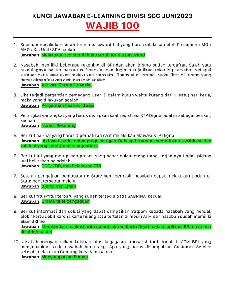 Kunci Jawaban E-Learning SCC BRI 2023 | PDF | Karier & Perkembangan ...