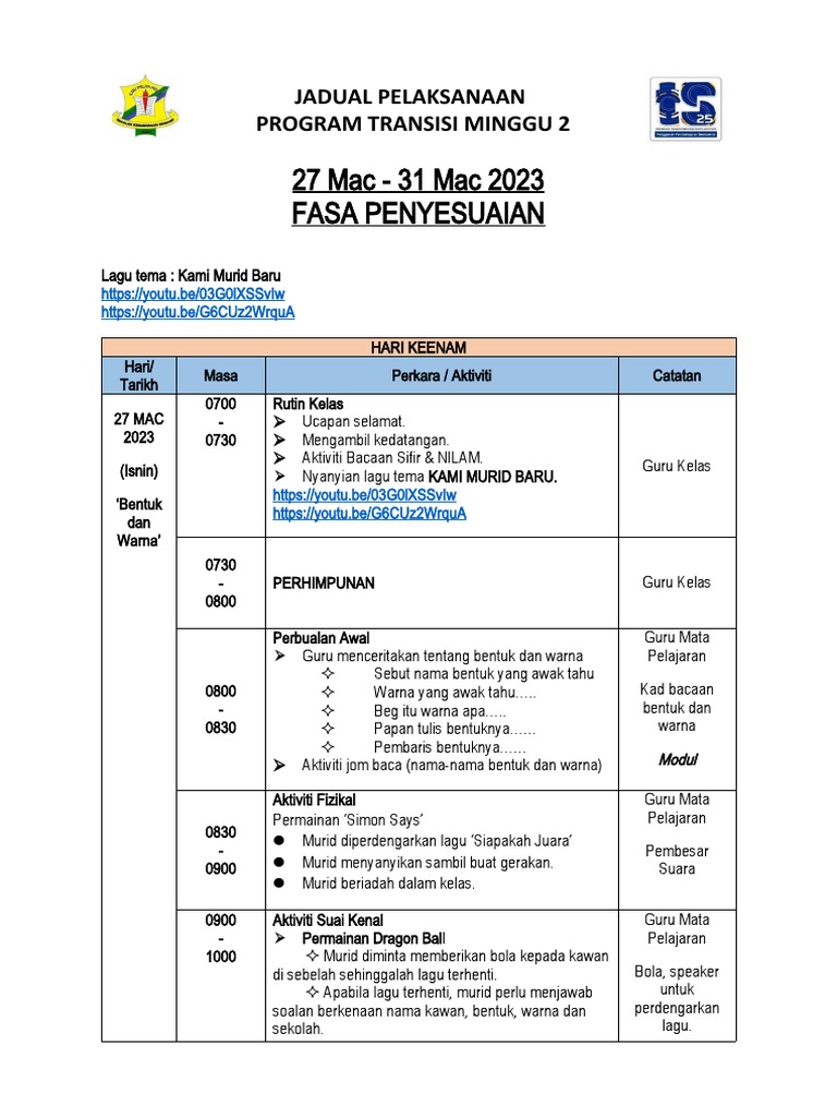 Jadual Minggu 2 - Program Transisi Tahun 1 Sesi 2023-2024 | PDF
