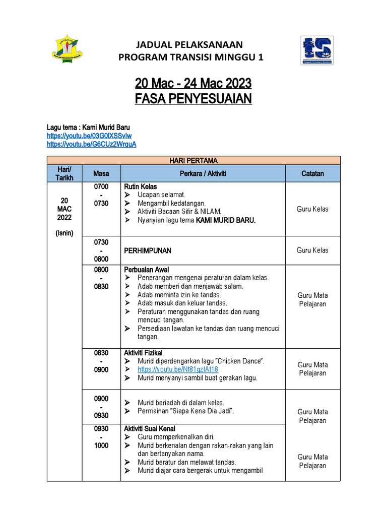 Jadual Minggu 1 - Program Transisi Tahun 1 Sesi 2023-2024 | PDF