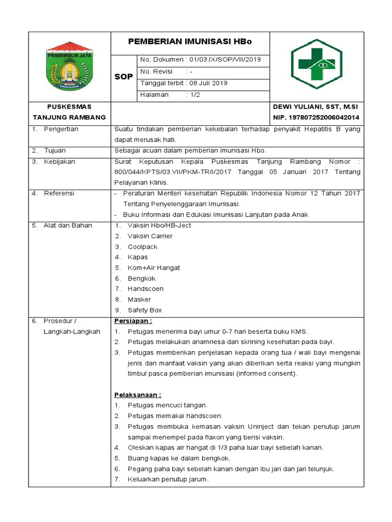 1 SOP PEMBERIAN IMUNISASI HBo | PDF