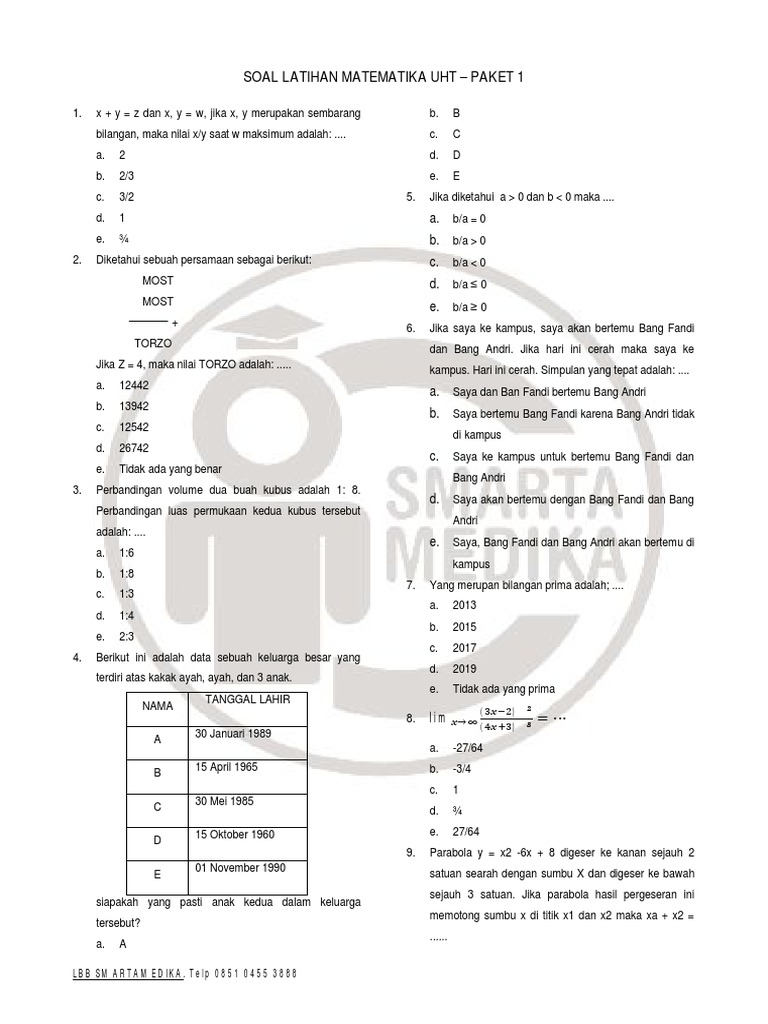 Soal Latihan Matematika Uht Paket 1 | PDF Soal Latihan Matematika Uht Paket 1 | PDF