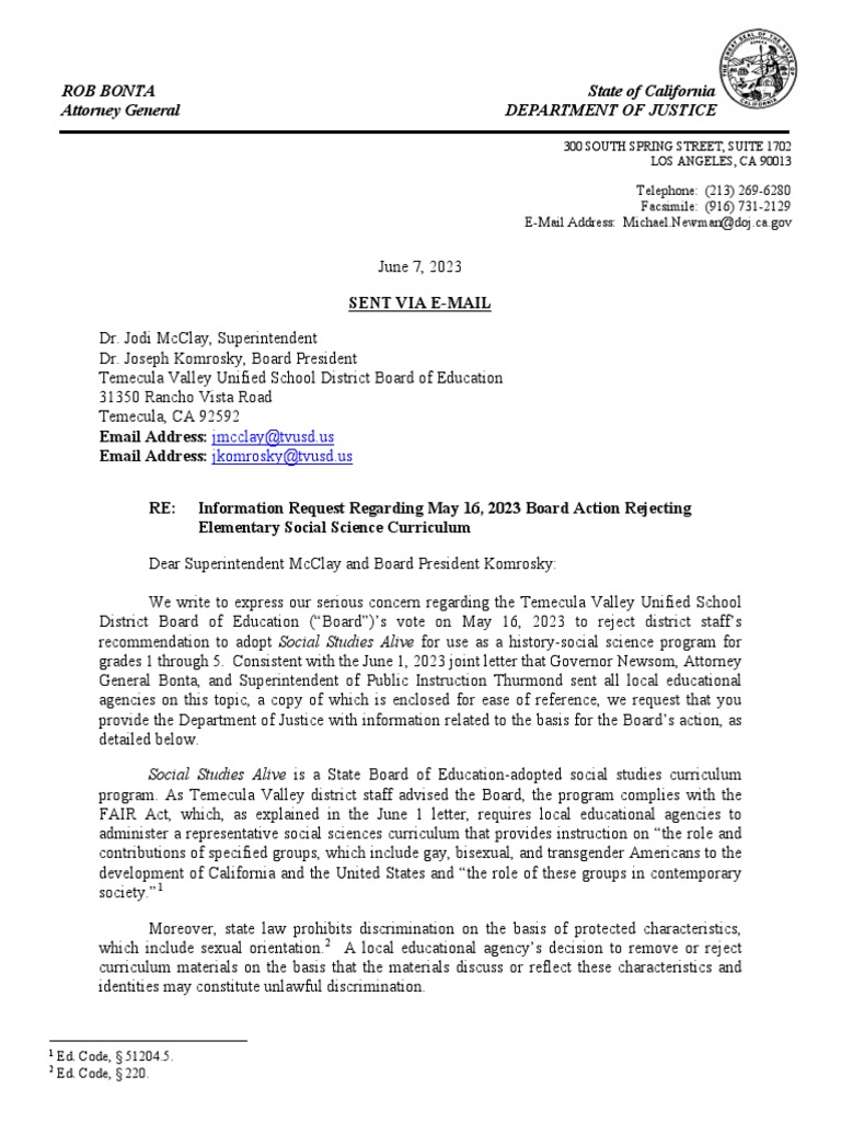 California Attorney General Rob Bonta Letter To Temecula Valley Unified ...