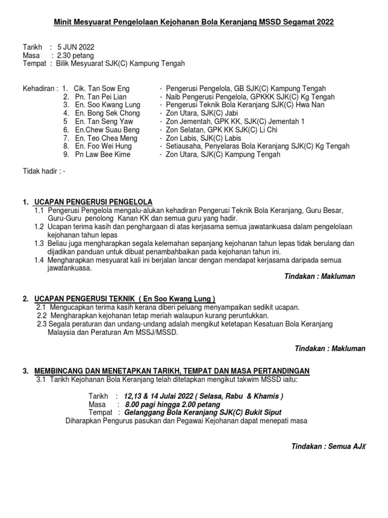 Minit Mesyuarat Ajk Bola Keranjang 2022 | PDF