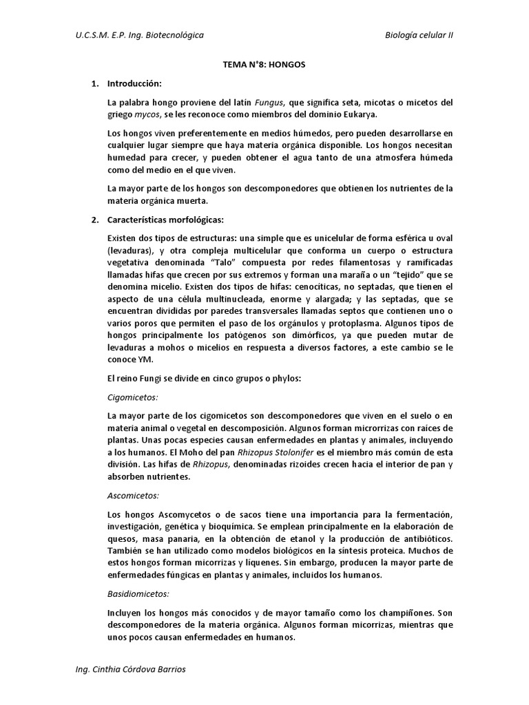 Tema N°8 Hongos | PDF | Hongo | Espora