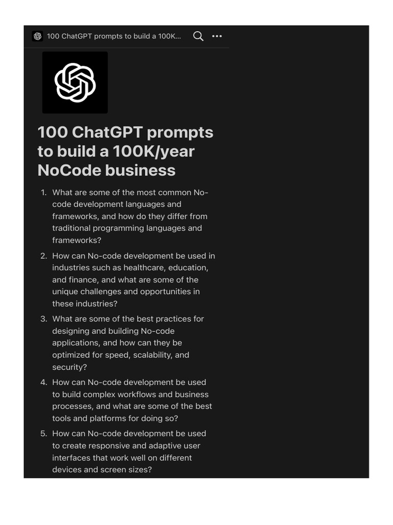 100 ChatGPT Prompts To Build A 100K-Year NoCode Business | PDF | Social ...
