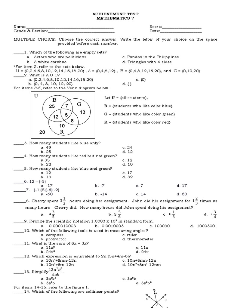 ACHIEVEMENT TEST Grade7 | PDF | Multiple Choice | Mathematics