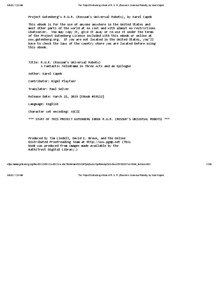 The Project Gutenberg Ebook of R. U. R. (Rossum's Universal Robots), by Karel Capek | PDF ...
