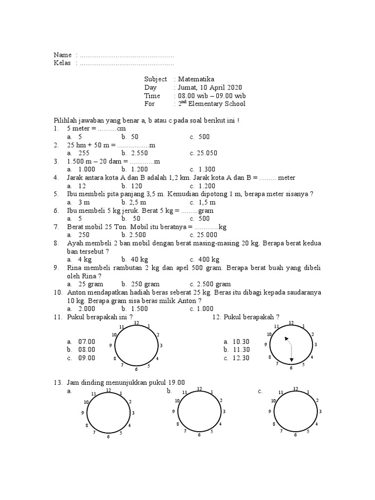 Soal MTK Kelas 2 | PDF