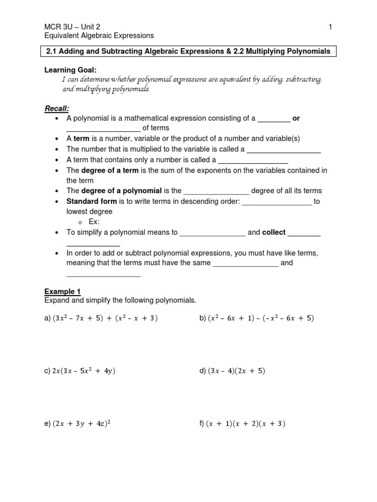 Equivalent Algebraic Expressions Unit 2 | PDF | Polynomial | Factorization