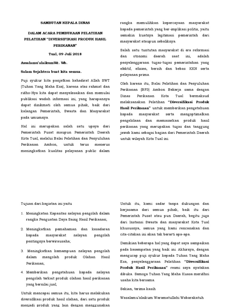 SAMBUTAN KEPALA DINAS (Pelatihan BP3) | PDF