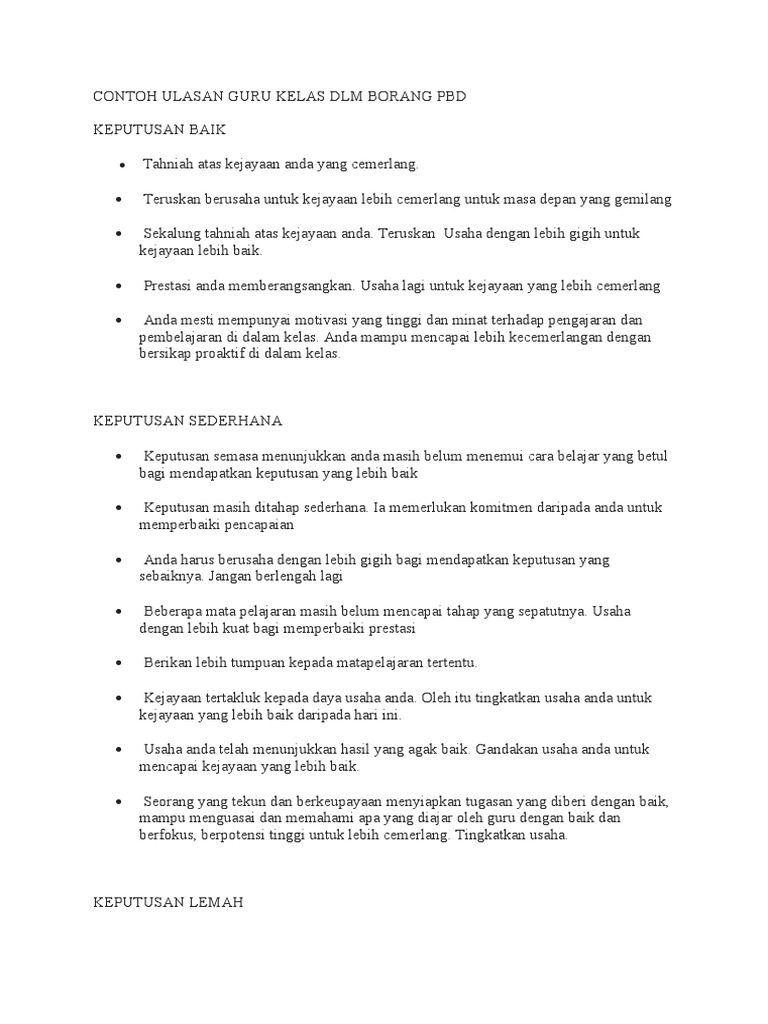 Contoh Ulasan Guru Kelas DLM Borang PBD | PDF | Bisnis | Pengembangan Diri