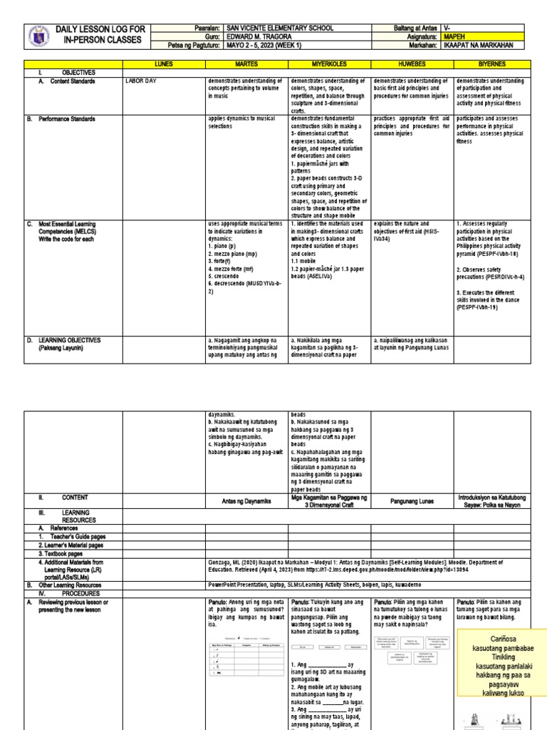 G5 Q4W1 DLL MAPEH (MELCs) | PDF