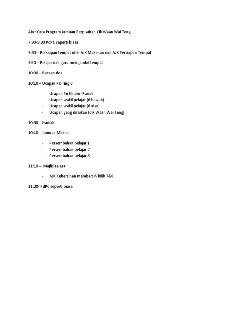 Atur Cara Program Jamuan Perpisahan Cik Waan Wai Teng | PDF | Memasak ...