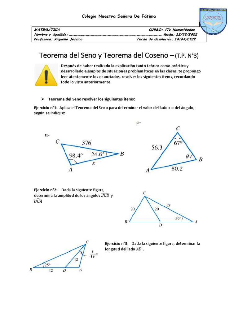 Teoremas del Seno y Coseno: Ejercicios | PDF | Funciones trigonométricas | Matemáticas