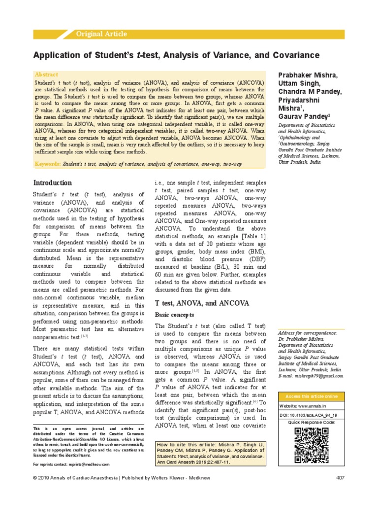 Application of Student's T Test, Analysis of Variance, and Covariance ...