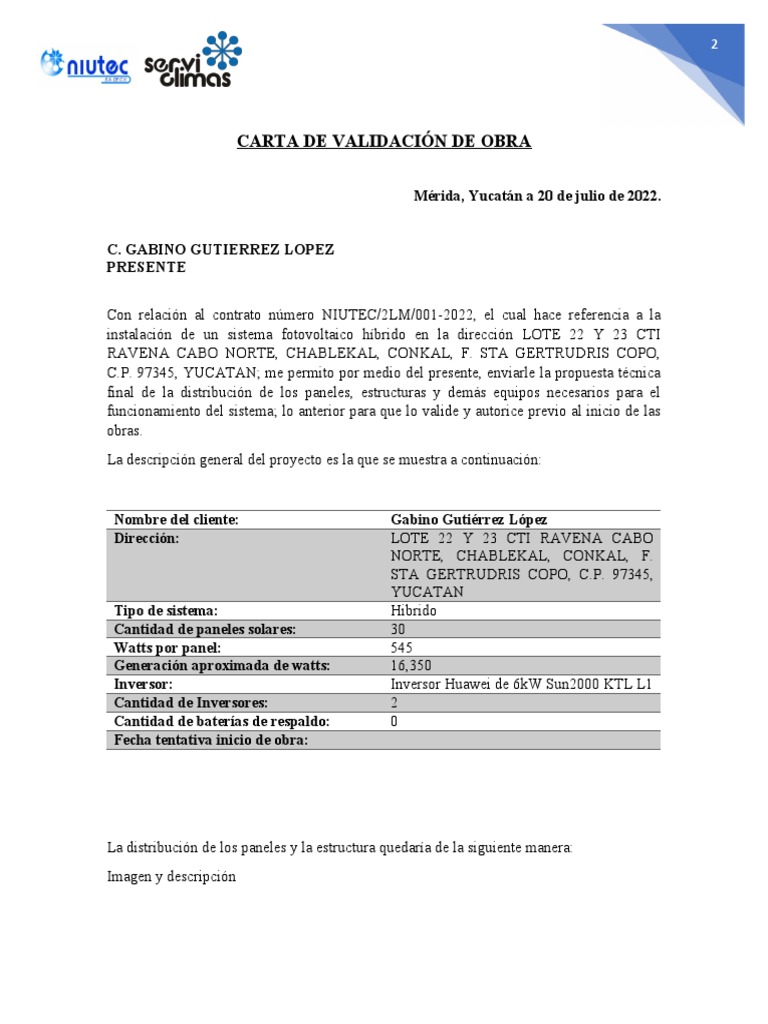 Carta de Validacion de Obra | PDF Carta de Validacion de Obra | PDF