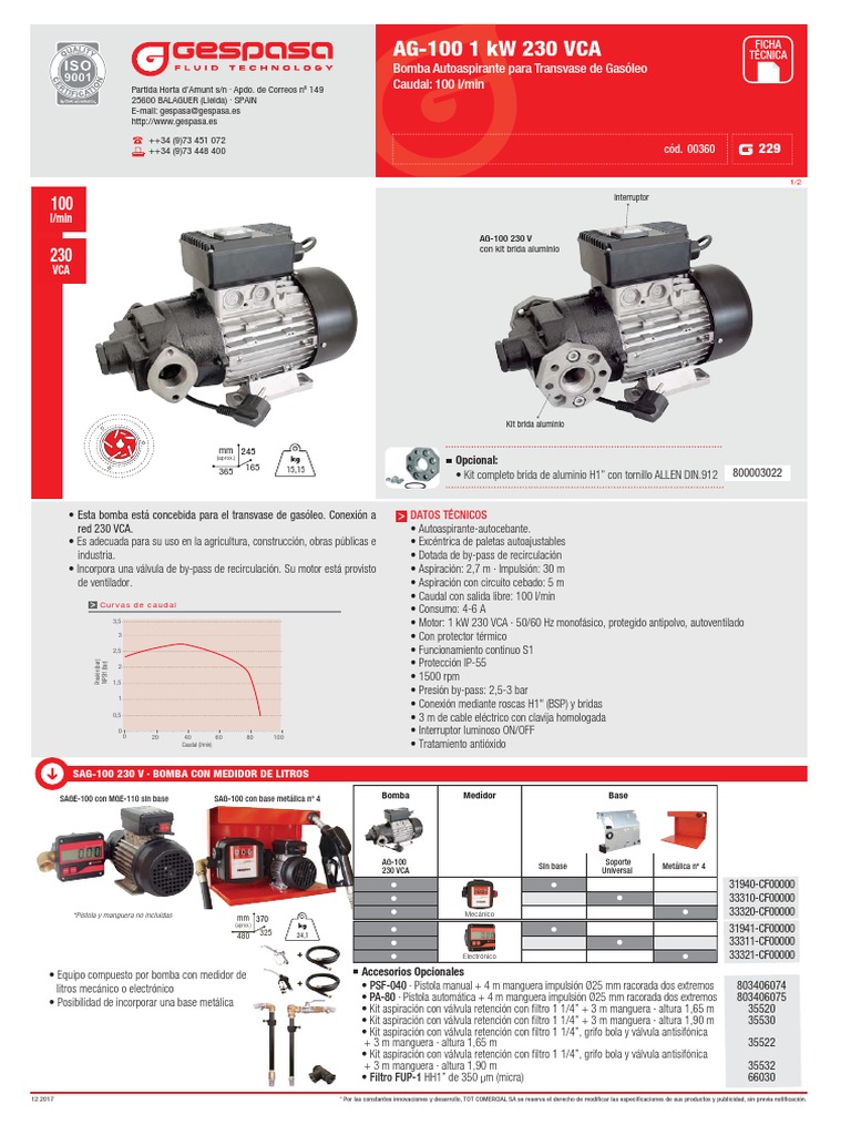 AG-100 1 KW 230 VCA: Bomba Autoaspirante para Transvase de Gasóleo Caudal: 100 L/min | PDF ...
