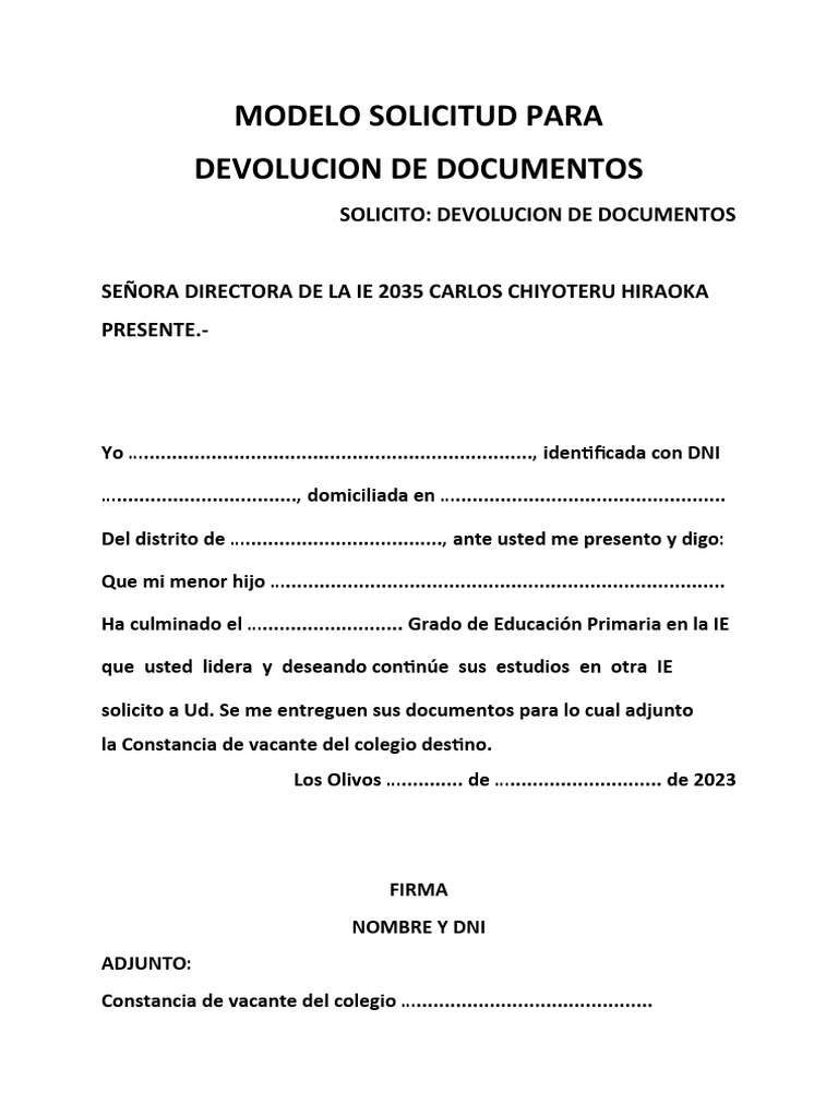 Modelo Solicitud para Devolucion de Documentos | PDF