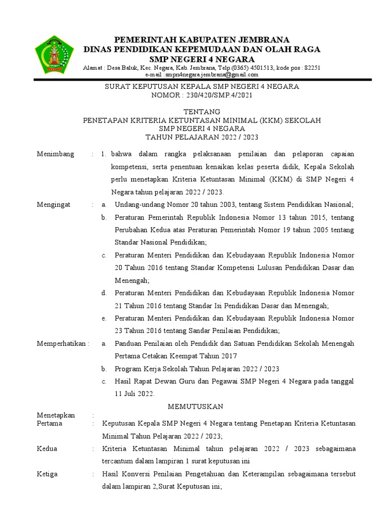 SK Penetapan KKM Sekolah Edit | PDF