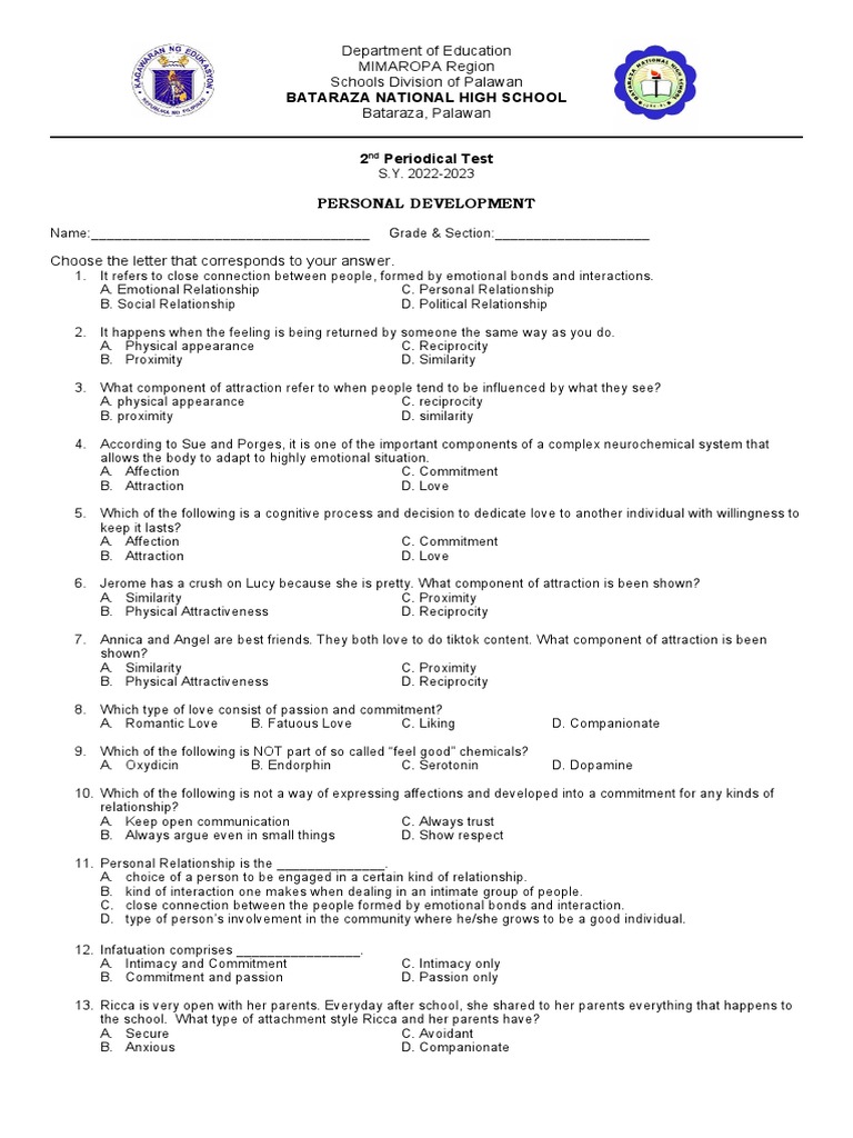 Personal Development Periodical Test | PDF | Family | Intimate ...