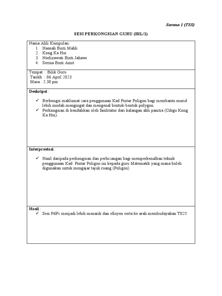 Borang Teacher Sharing Session (PLC1) | PDF