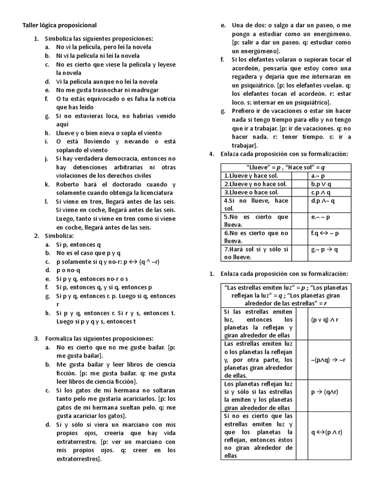 Taller Lógica Proposicional | Descargar gratis PDF | Proposición | Sintaxis (Lógica)