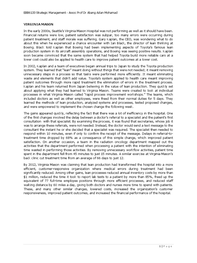 Case - VIRGINIA MASON | PDF | Lean Manufacturing | Patient