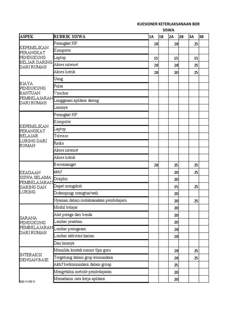 Kuesioner Keterlaksanaan BDR Rekap | PDF