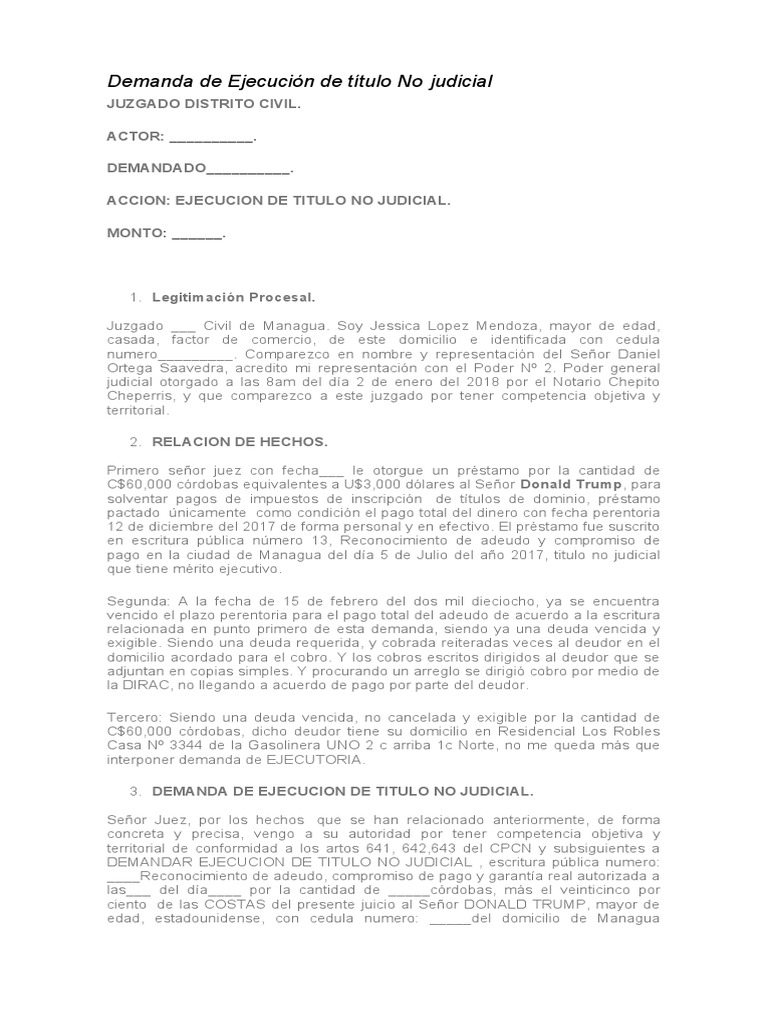 Modelo Demanda de Ejecución de Título No Judicial | PDF | Justicia | Crimen y violencia