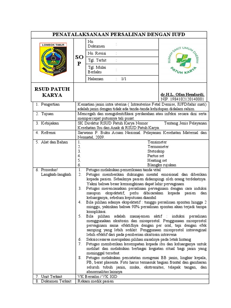 Sop Penatalaksanaan Persalinan Dengan Iufd | PDF