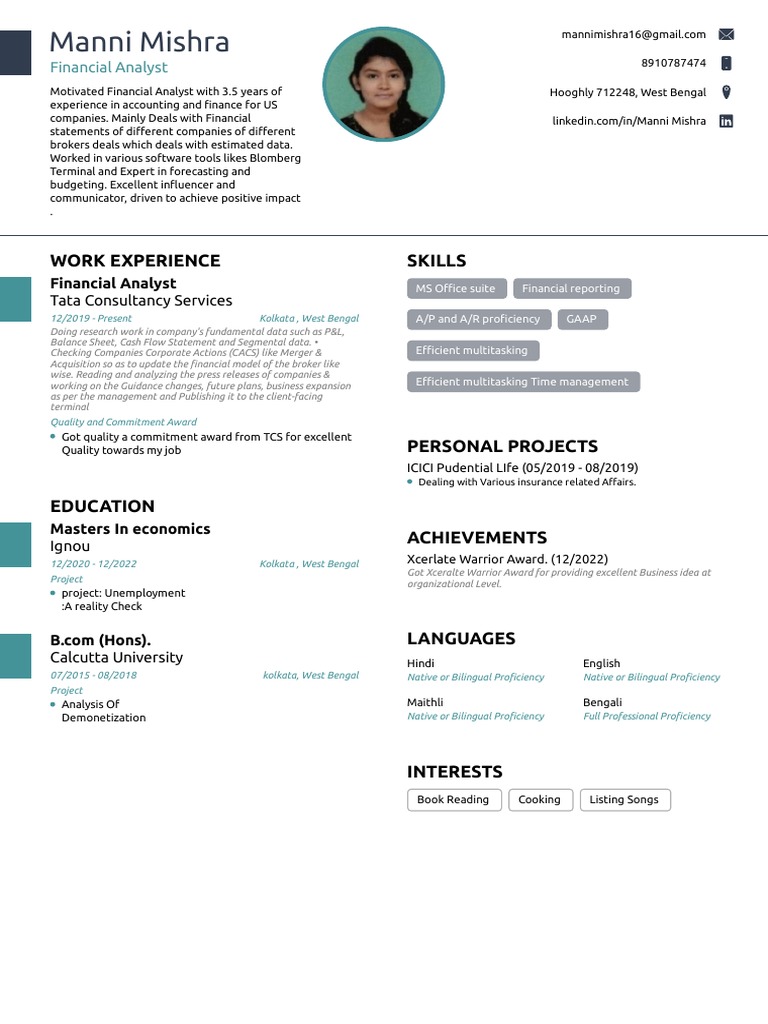 Manni' Mishra Resume | PDF | Financial Analyst | Financial Statement