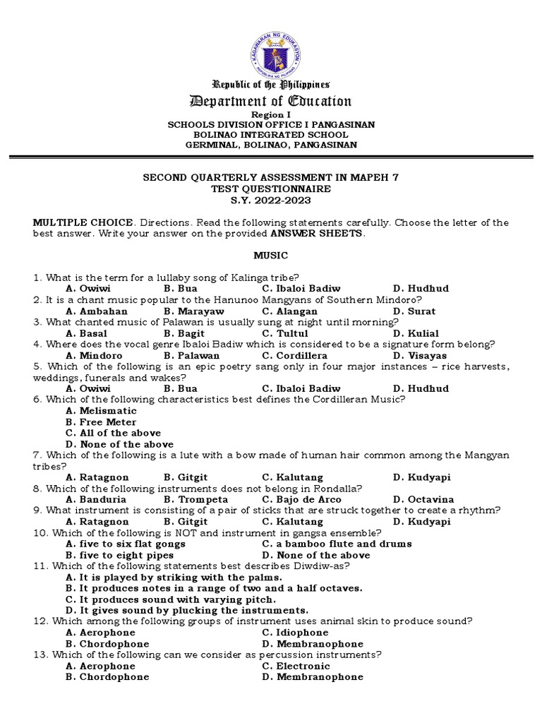 Quarterly Assessment Mapeh 7 | PDF | Foods | Table Tennis