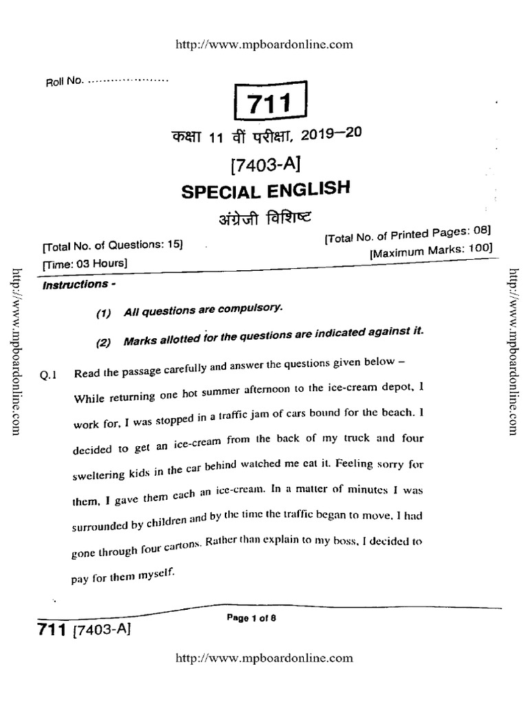 MP Board Class 11 English Special 711 2020 | PDF