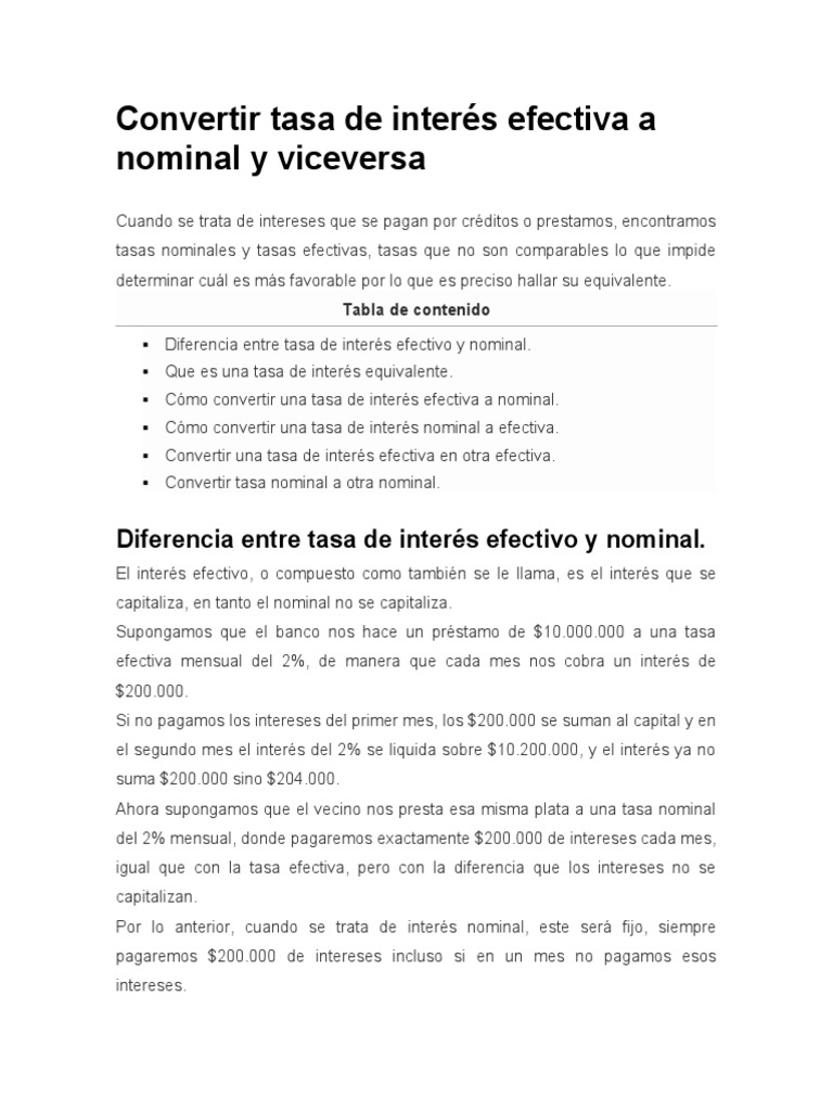 Convertir Tasa de Interés Efectiva A Nominal y Viceversa | PDF | Interés | Tasas de interés