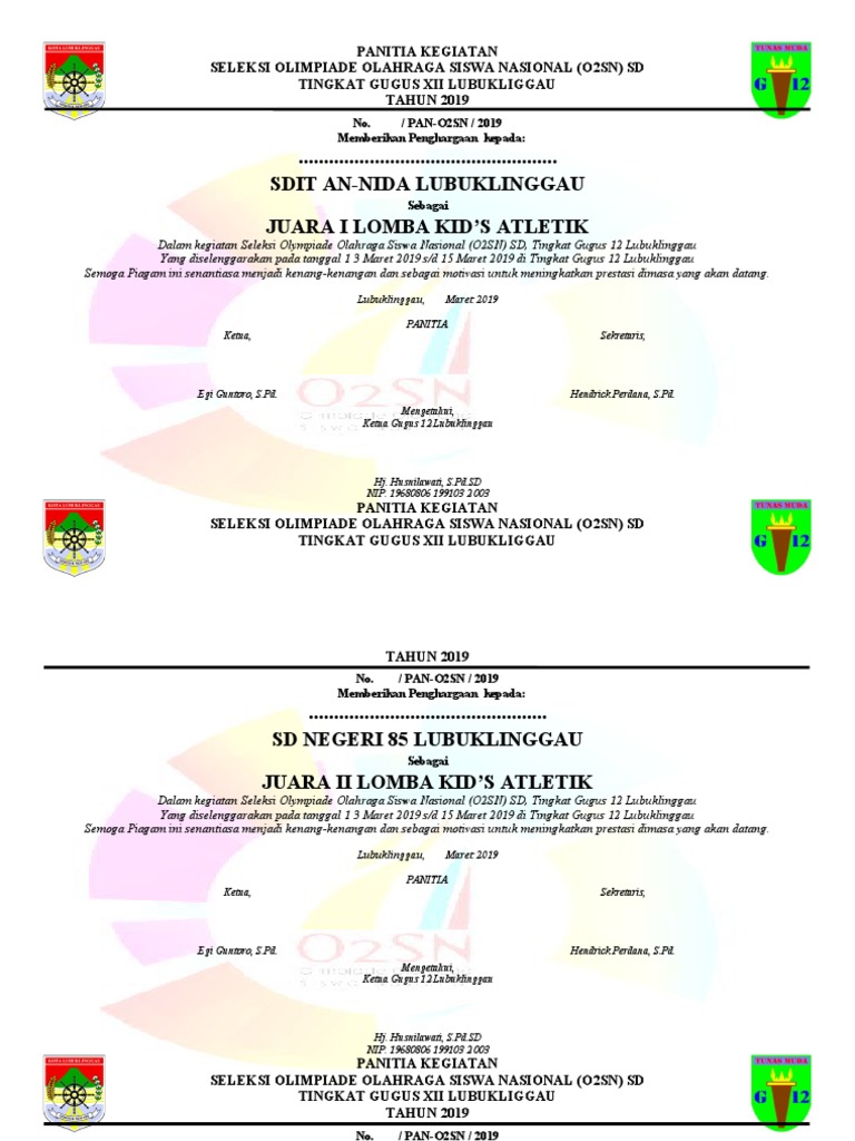 PIAGAM O2SN 2019 - Atletik | PDF
