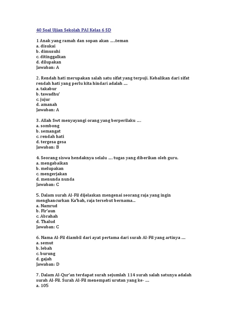 40 Soal Ujian Sekolah PAI Kelas 6 SD | PDF | Agama & Spiritualitas