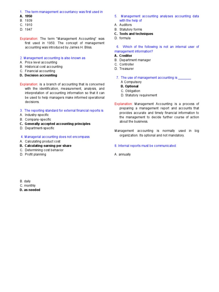 Management Accounting trivia questions | PDF | Accounting | Management ...
