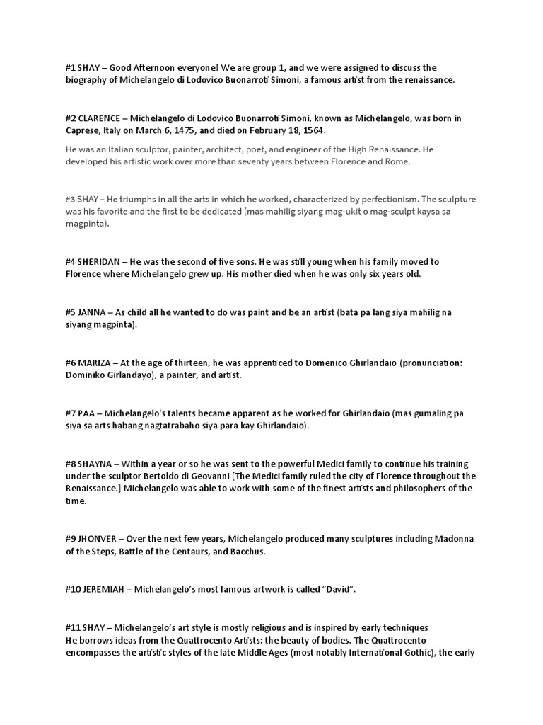 Mapeh Michelangelo Script | PDF