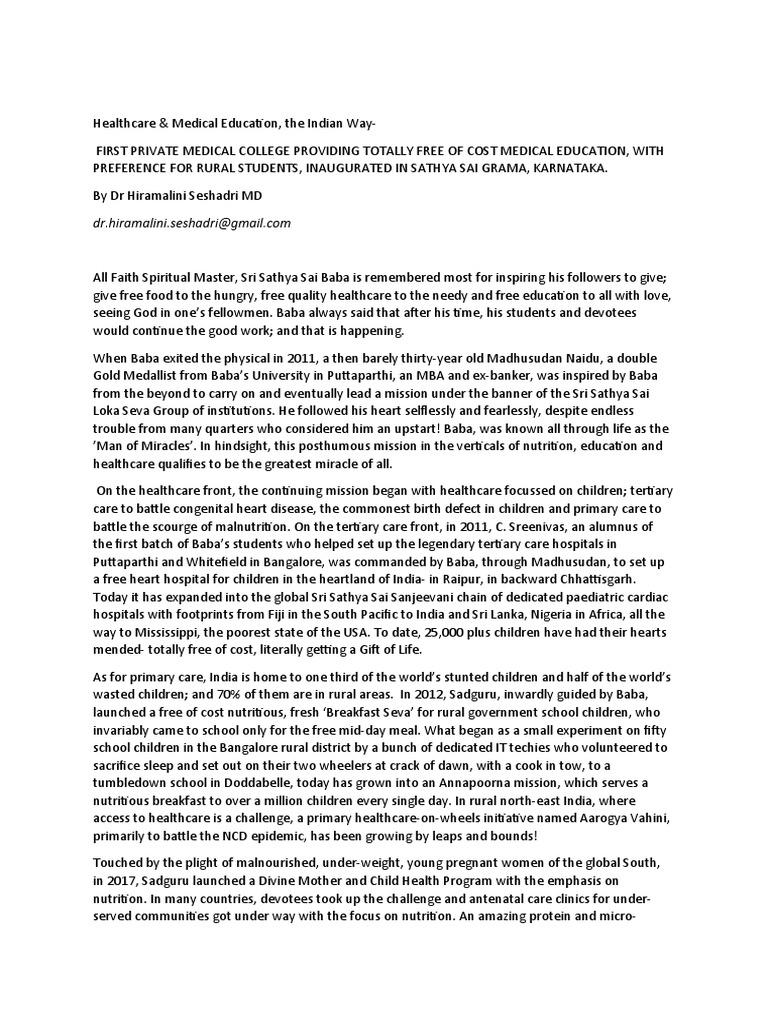 Article On Medical College-For Ed Sri Balan | PDF | Sathya Sai Baba | Hospital