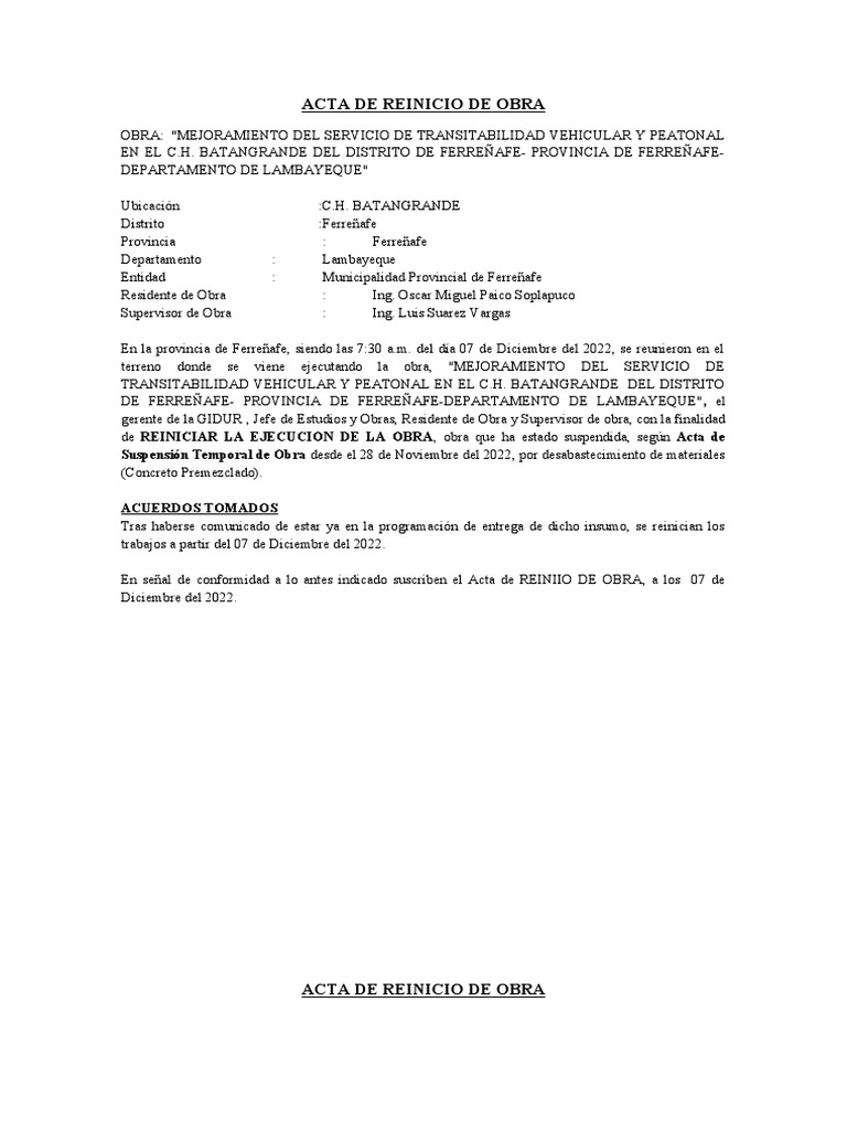 Acta de Reinicio de Obra | PDF