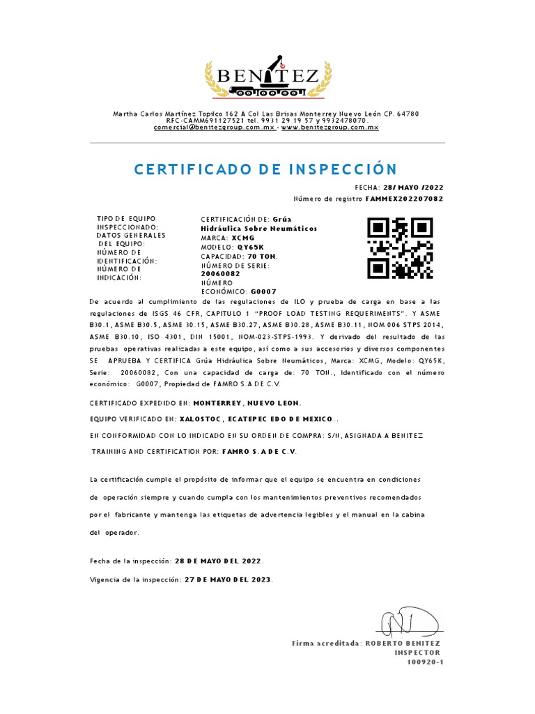 Certificado G0007 XCMG 2021 | PDF | Ciencias fisicas | Herramientas