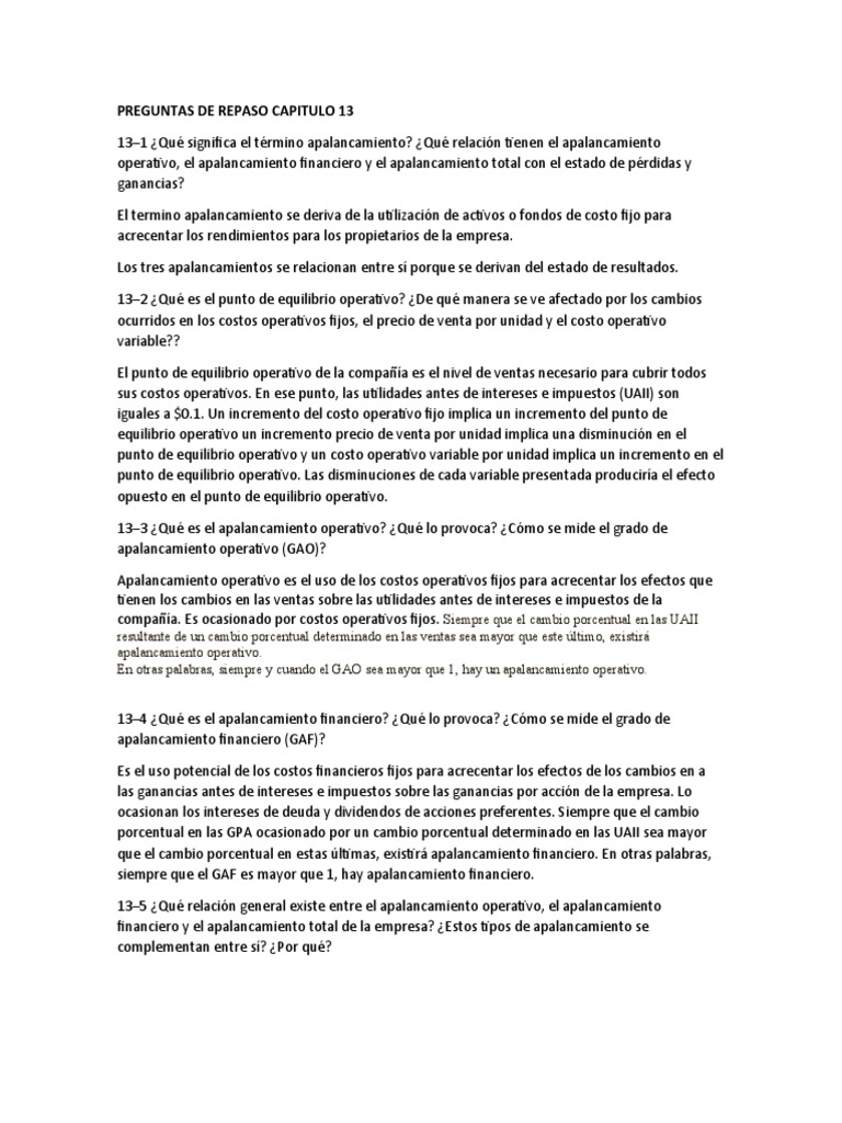 Preguntas de Repaso Capitulo 13 | PDF | Apalancamiento (Finanzas) | Deuda