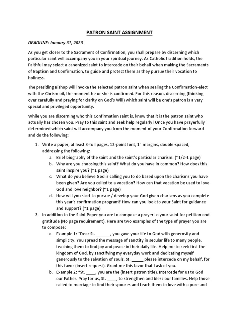 Patron Saint Assignment | PDF | Confirmation | Saint