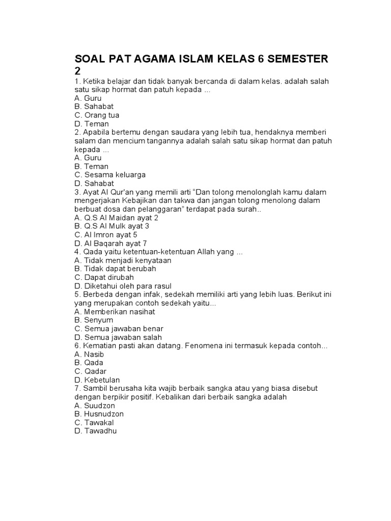 Soal Pat Agama Islam Kelas 6 Semester 2 | PDF