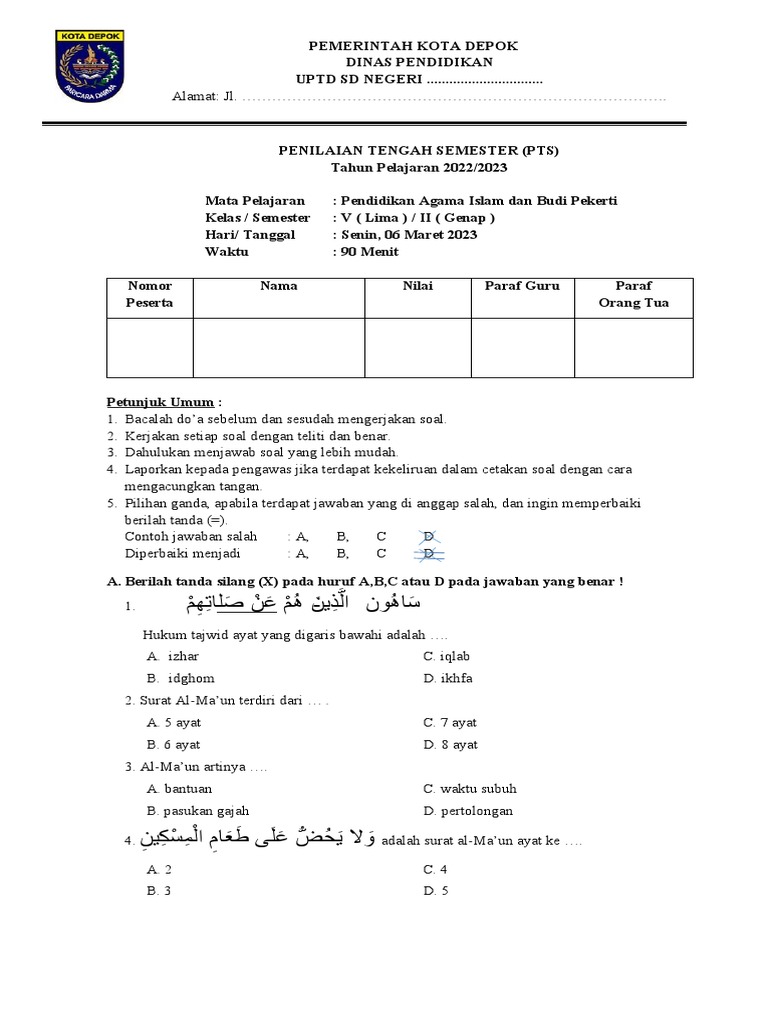 Soal PTS PAI Kelas 5 Genap 2022-2023 | PDF